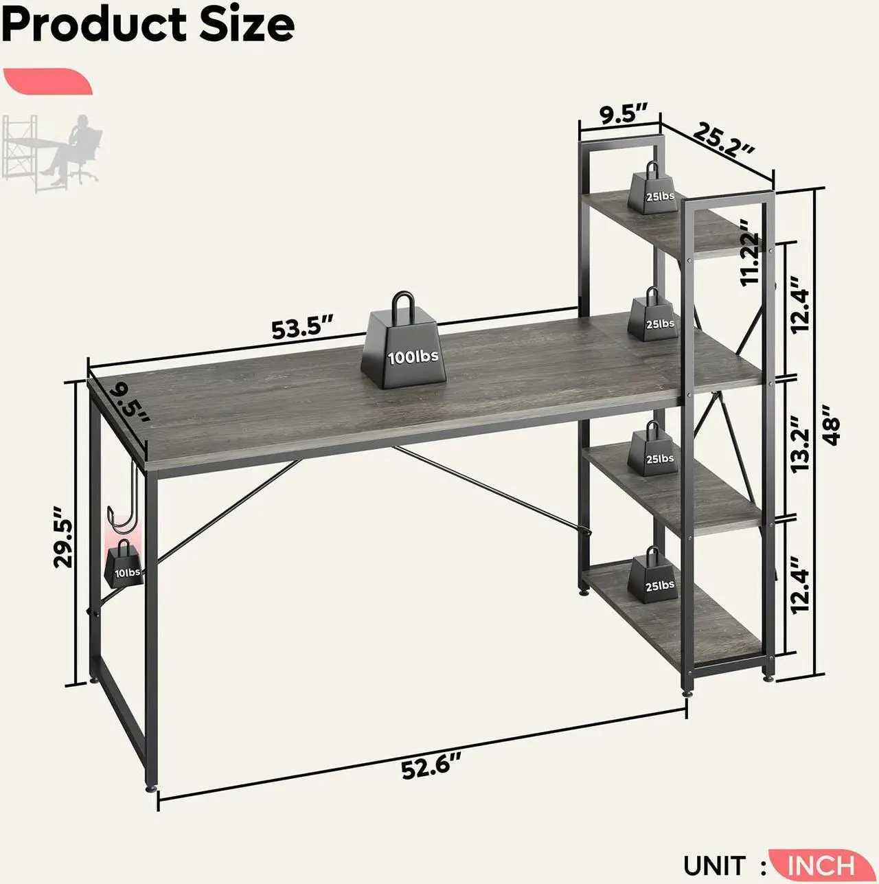 Bestier 63 Inch Computer Desk with Storage Shelves, Modern Bookshelf ...