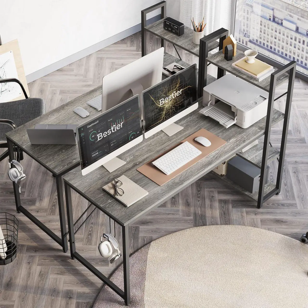 Bestier 63 Inch Computer Desk with Storage Shelves, Modern Bookshelf ...