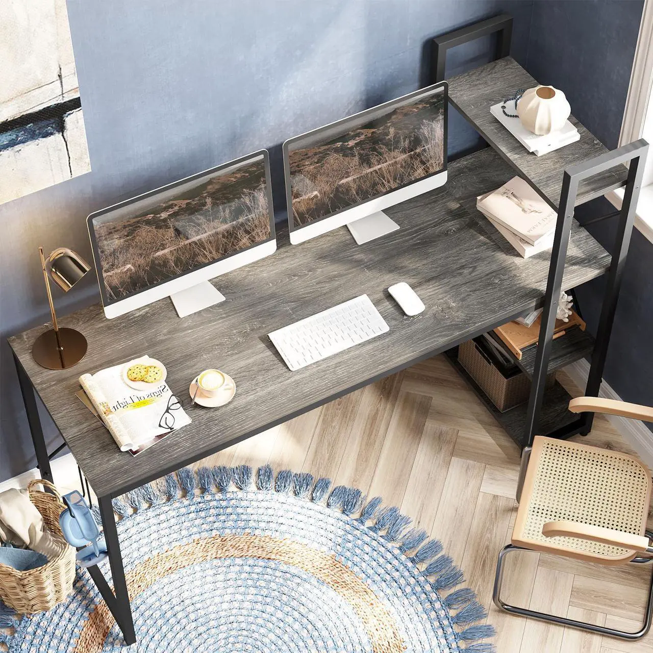 Bestier 63 Inch Computer Desk with Storage Shelves, Modern Bookshelf ...