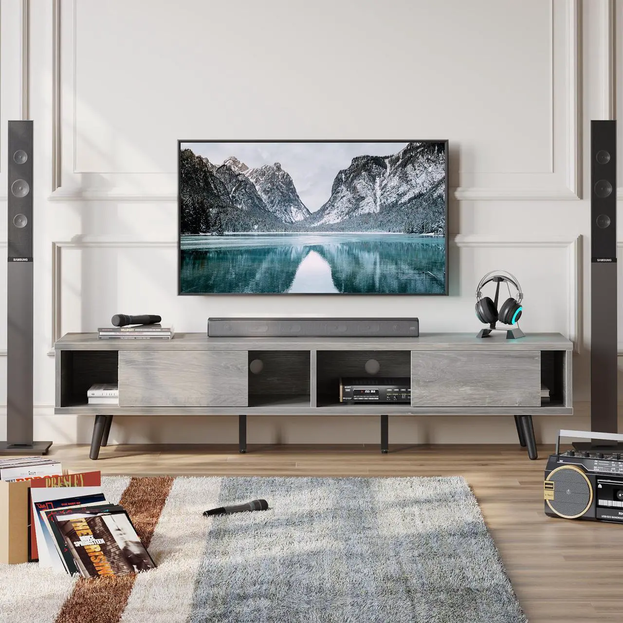 Bestier Mid Century Modern TV Stand for TVs up to 75" with Storage Grey ...