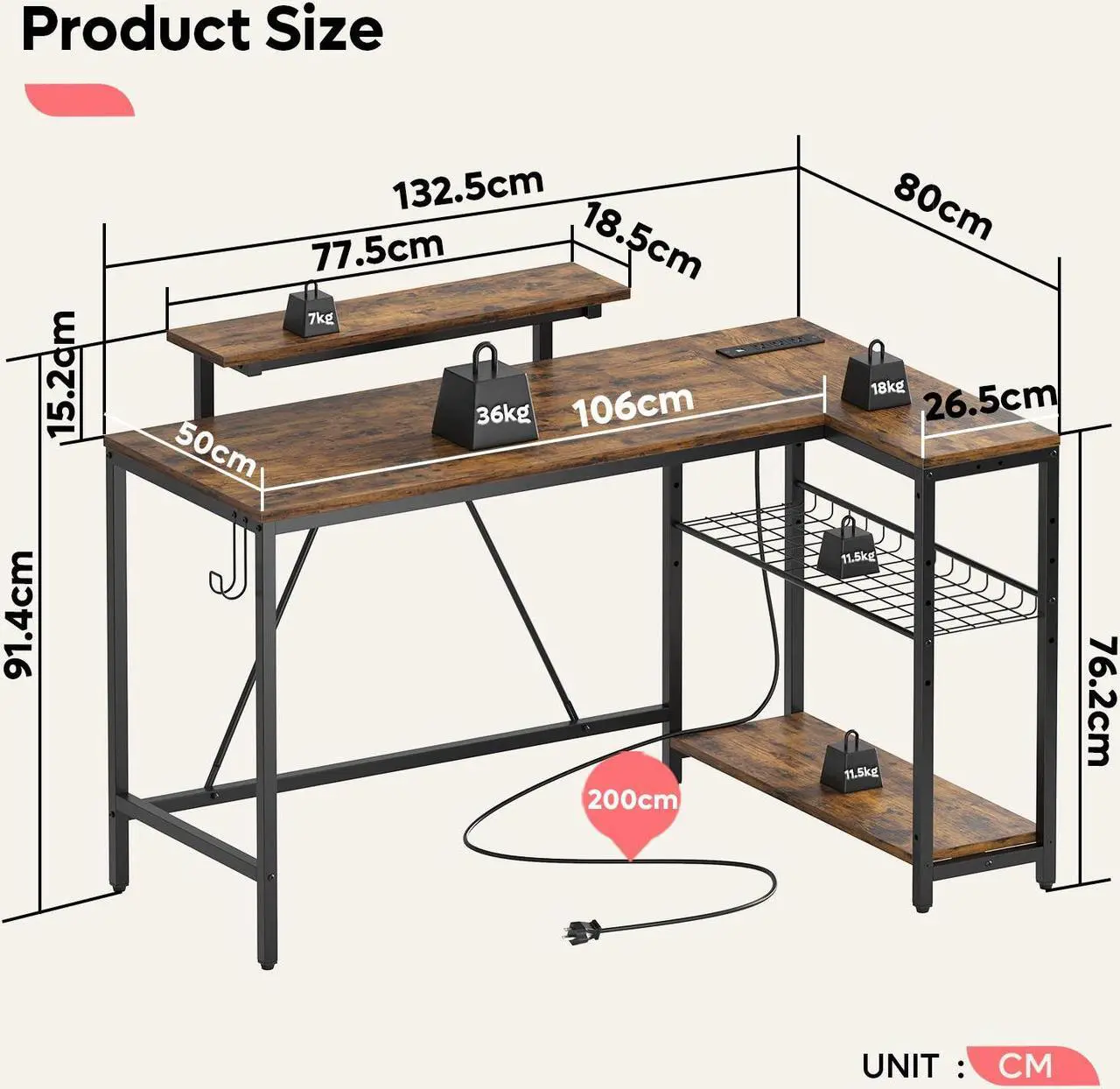 Bestier 52" Gaming Desk with Power Outlet & USB Ports, Reversible Small ...