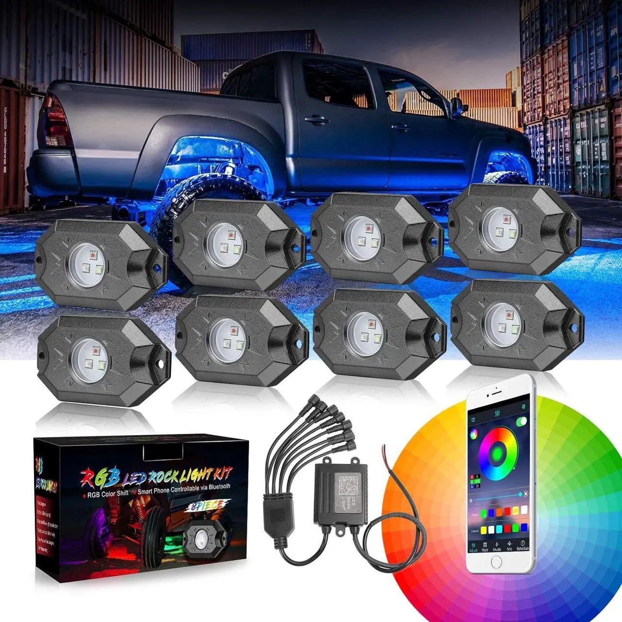 Auto 8 Pods RGB LED Rock Light Kits with Bluetooth Controller Waterproof Multicolor Neon LED ...