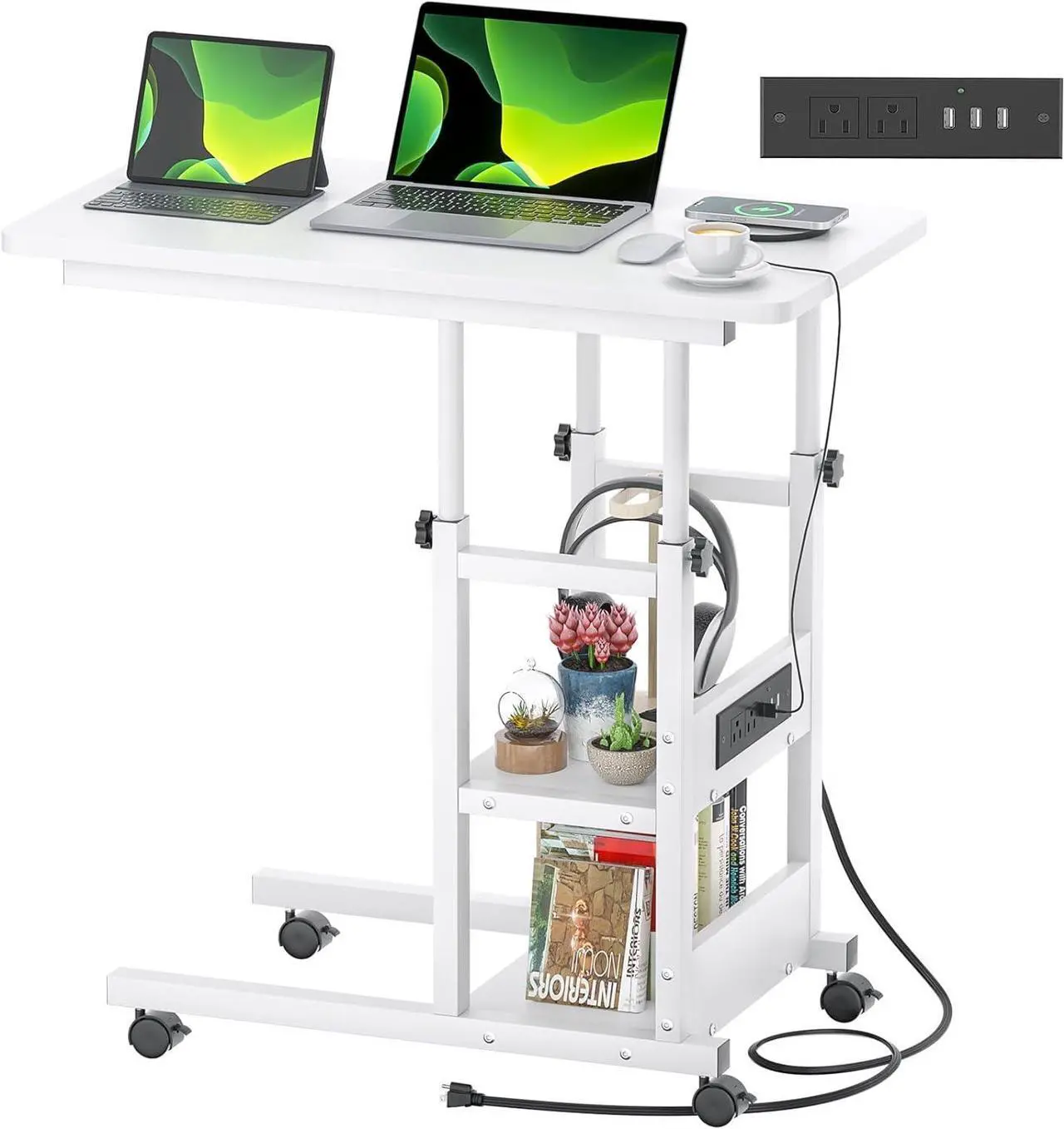 Height Adjustable C Shaped End Table with Charging Station, Mobile ...