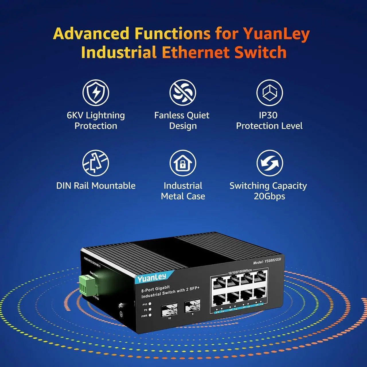 Industrial Ethernet Switch 8 Port Gigabit with 2 SFP, 8 Gigabit Ethernet Ports, DIN-Rail Switch ...