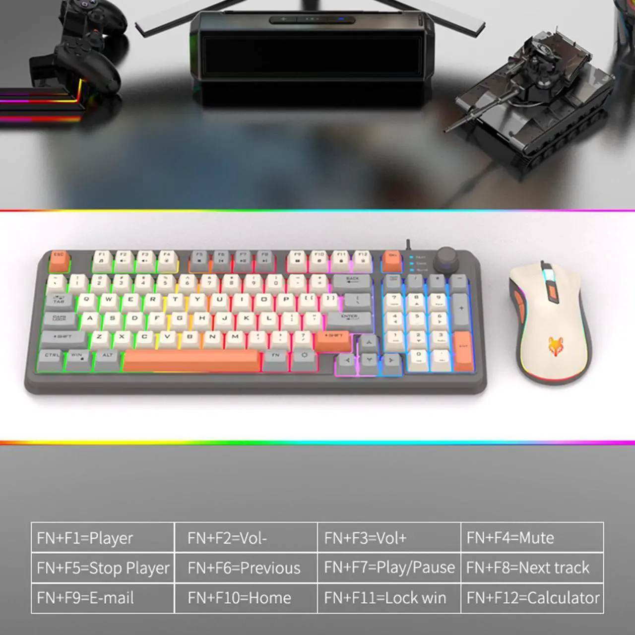 K820 USB Corded Gaming Keyboard and Mouse Kit Colorful Lighting 94 Keys Layout Keypad 3 Color ...