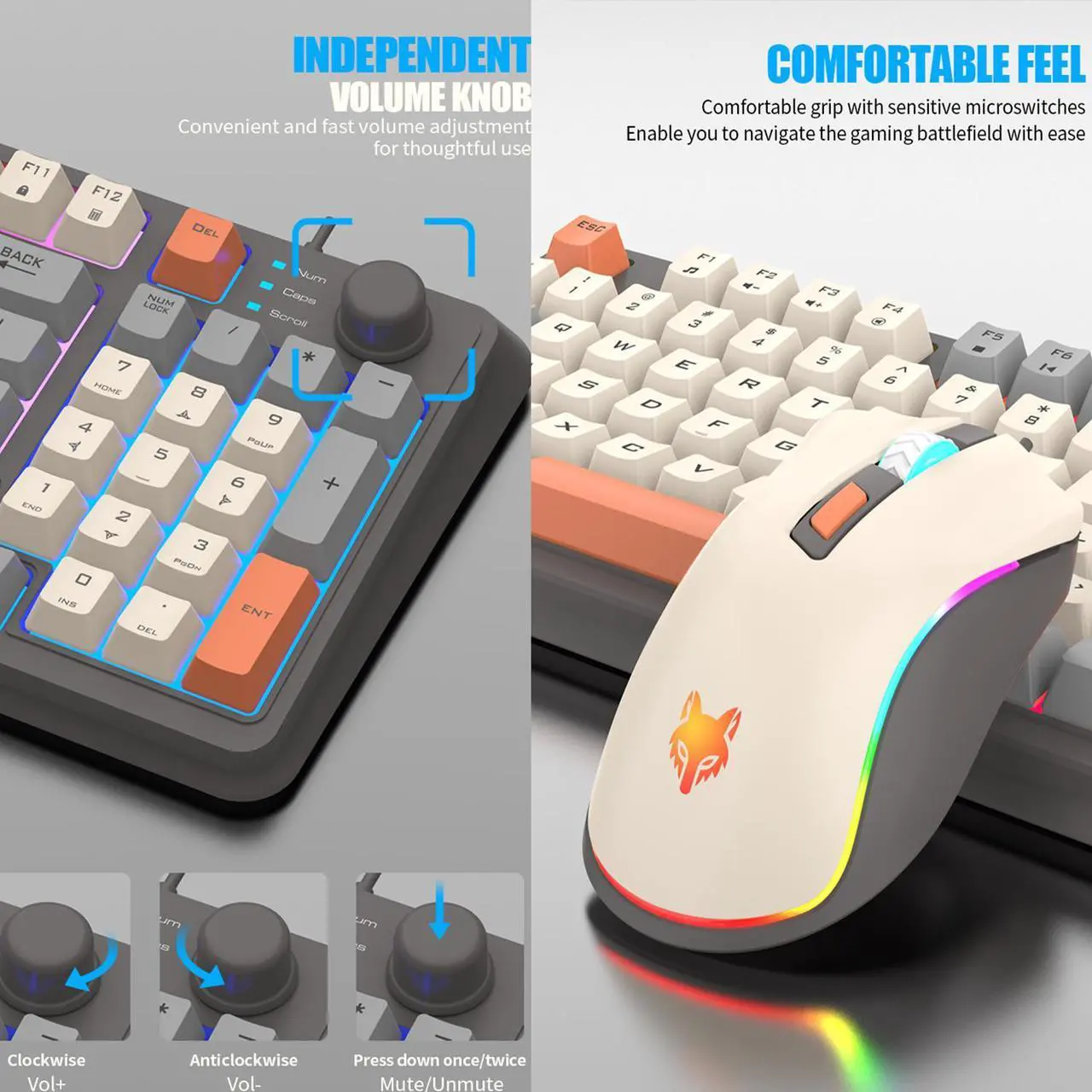 K820 USB Corded Gaming Keyboard and Mouse Kit Colorful Lighting 94 Keys Layout Keypad 3 Color ...