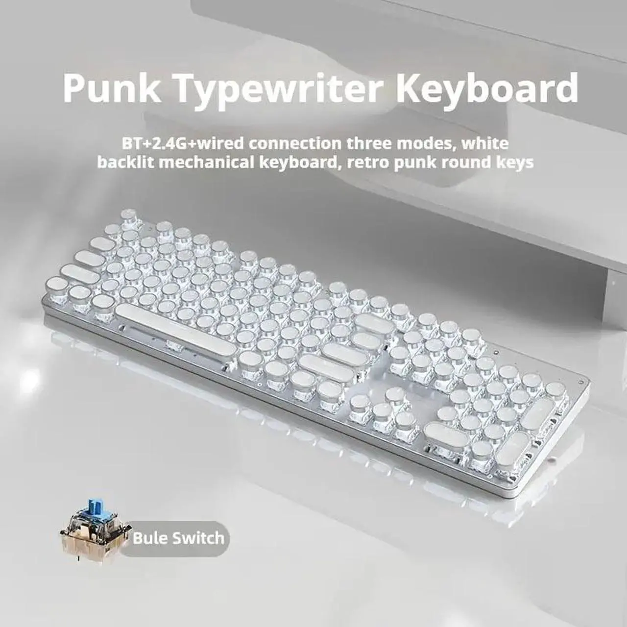 Wireless Punk Typewriter Mechanical White Keyboard Round Keycaps And ...