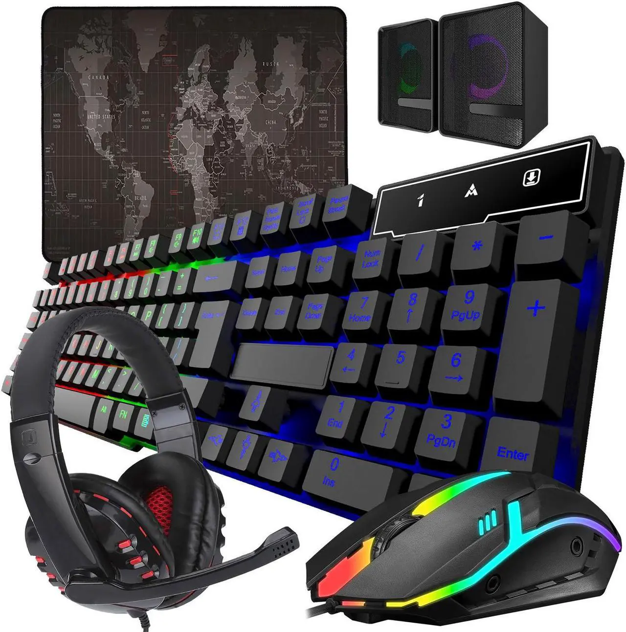 Wired 104 Keys Gaming Keyboard Mouse Headphone Speaker 5in1 Combo with ...