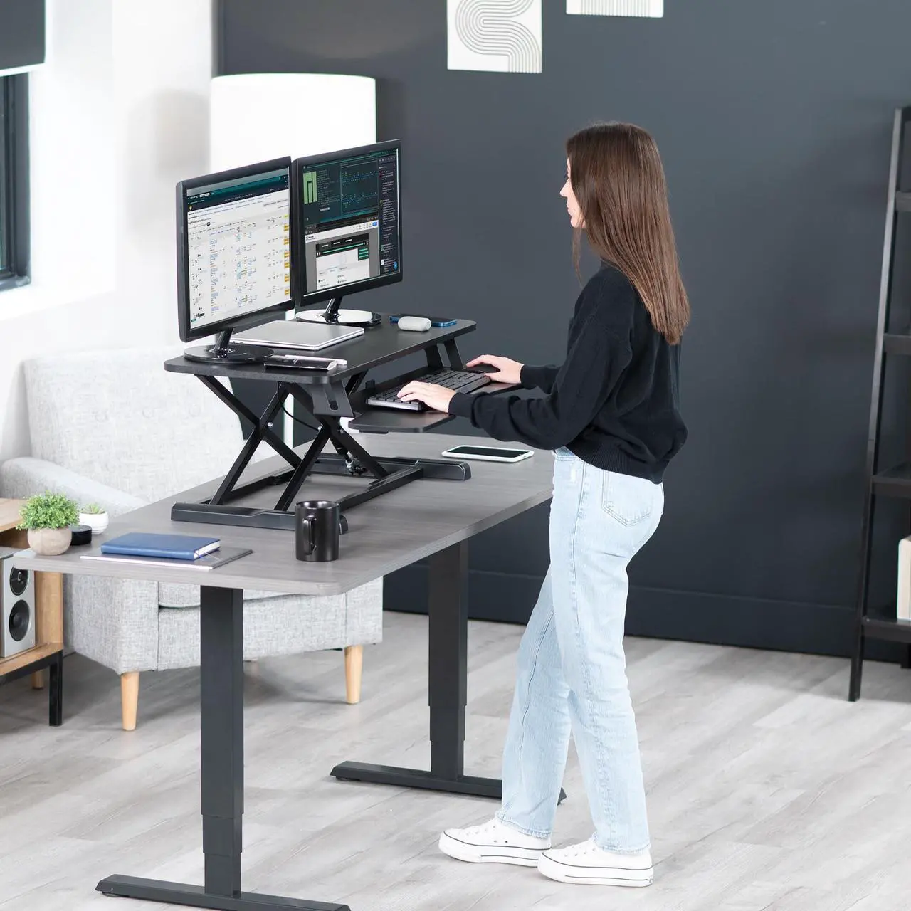 VIVO Black Height Adjustable 36" Standing Desk Monitor Riser, Sit Stand ...
