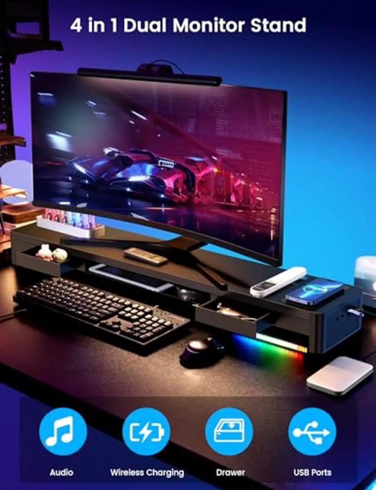 STARVIKY Dual Monitor Stand Riser with Drawers and Audio,4 USB Ports ...