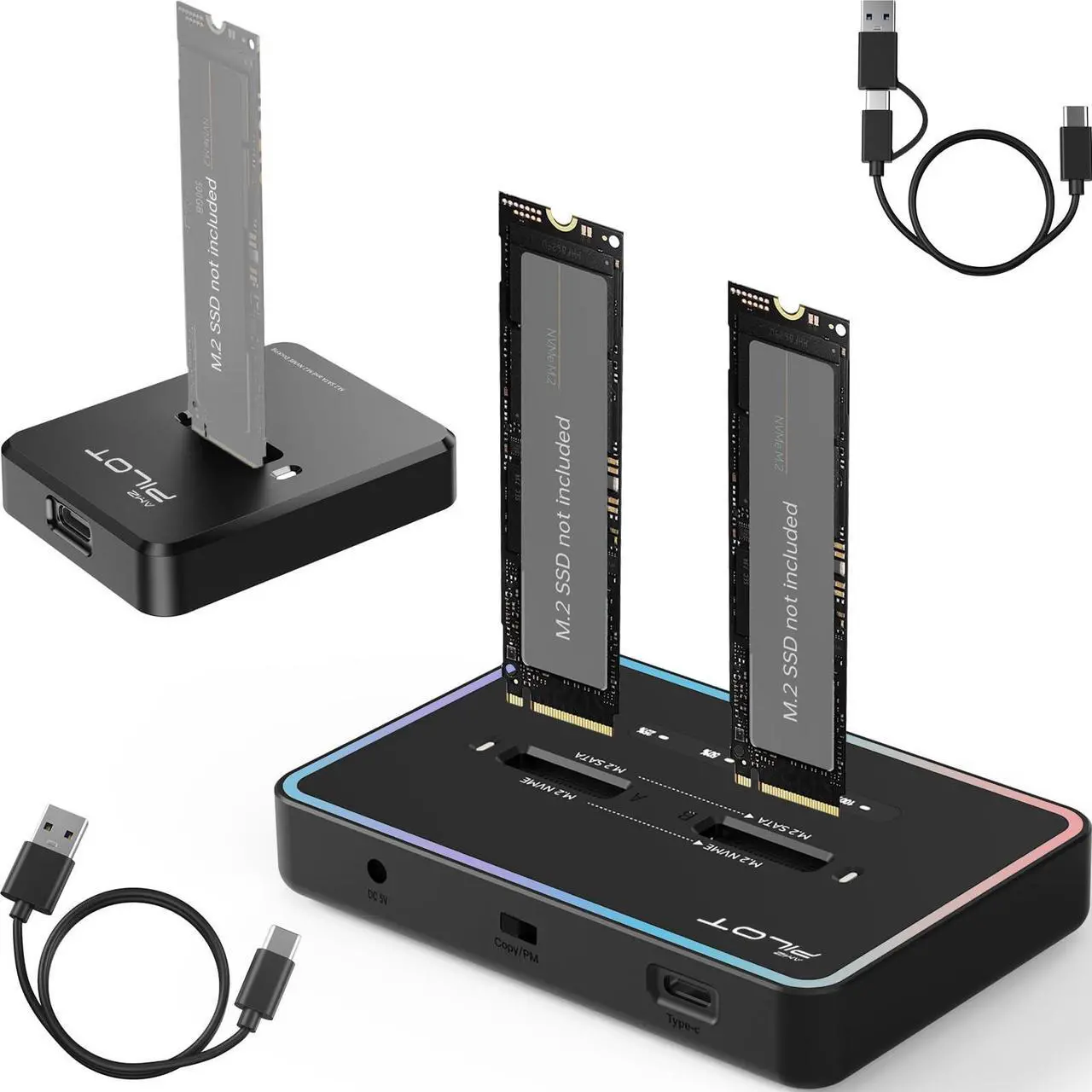 AMZPILOT M.2 Duplicator Cloner Dual-Bay Offline USB C to NVME SATA Docking Station, M.2 NVMe ...