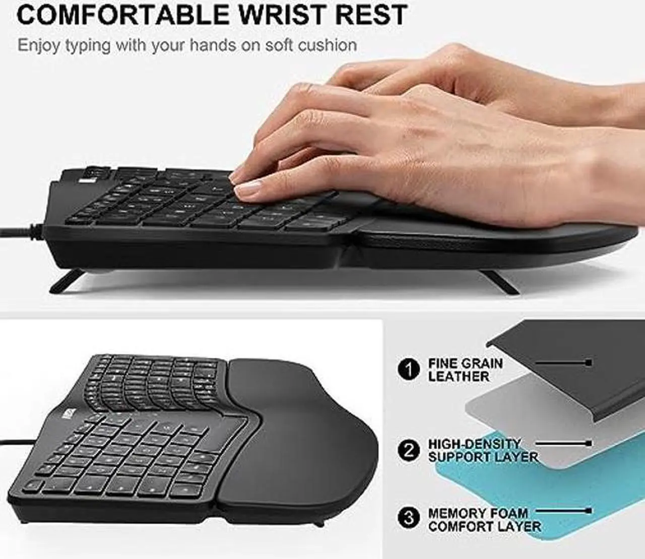 Arteck Ergonomic USB Wired Keyboard with Cushioned Wrist & Palm Rest ...