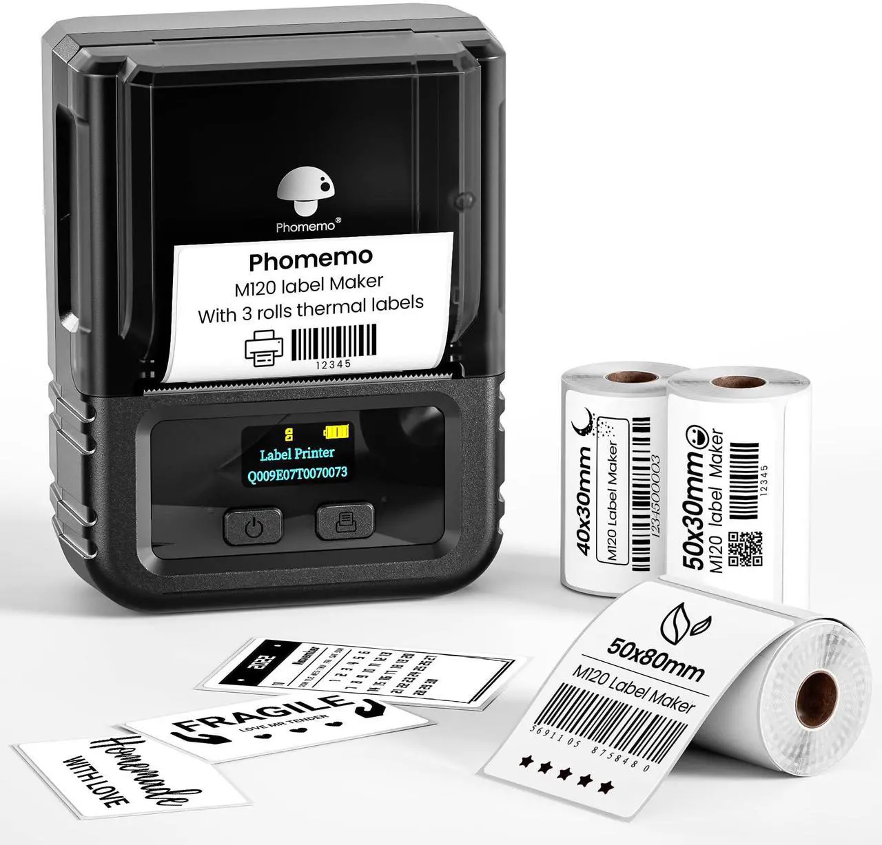 Phomemo M120 Label Maker with 3 Pack Label Paper, Barcode Printer Thermal Label Printer Mini ...