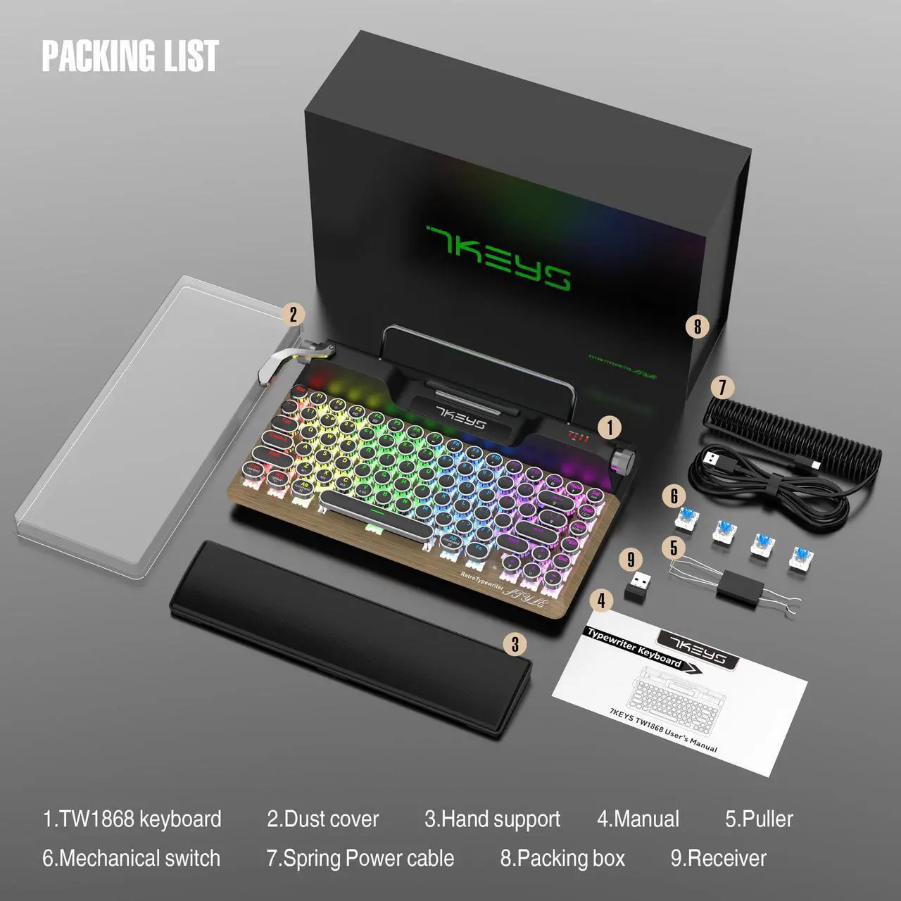 7KEYS Retro Typewriter Wireless Keyboard Style, Mechanical Keyboard ...