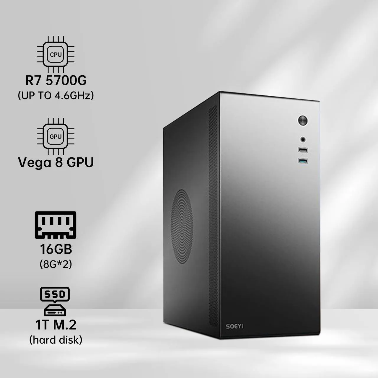 AOACE Gaming PC Desktop Computer, AMD Ryzen 7 5700G 3.8GHz, AMD Radeon Vega 8 Graphics,16GB DDR4 ...