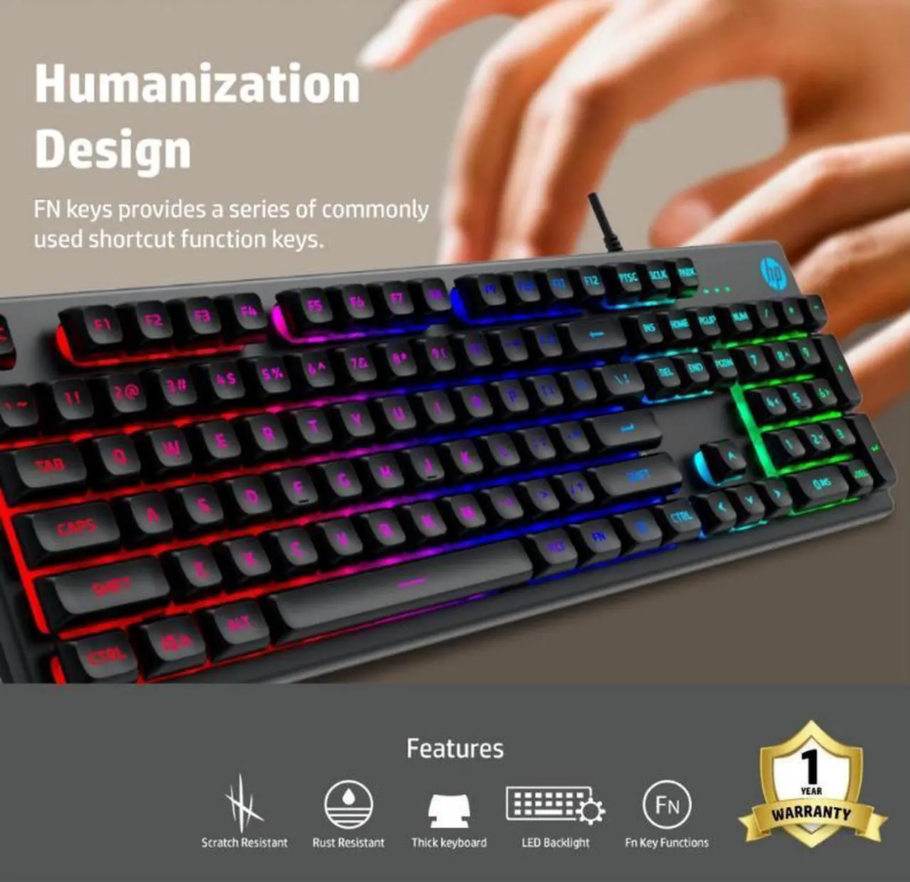 HP K500F Backlit Membrane Wired Gaming Keyboard, Backlit Mixed Color ...