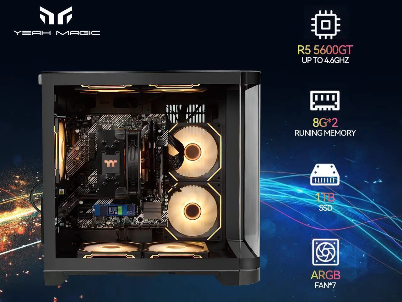 YEAH MAGIC Gaming PC Desktop AMD Ryzen 5 5600GT,16GB DDR4 3200MHz,1TB M ...