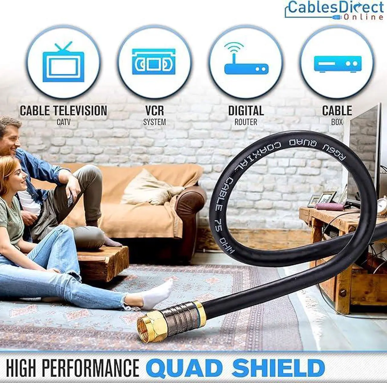 Cables Direct Online RG6 Quad Shield Black Coaxial Cable 15ft Durable ...