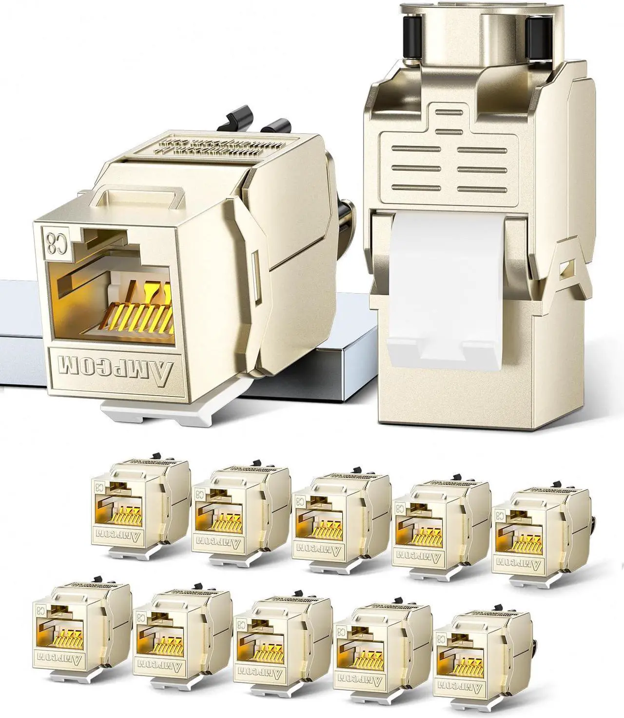 AMPCOM STP Self-Locking Zinc-Alloy CAT8 RJ45 Keystone Jack with Zip Tie Free Design, High Speed ...