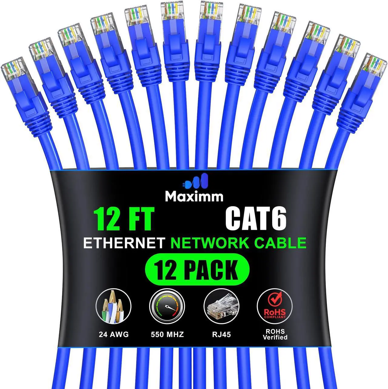 Maximm Cat 6 Ethernet Cable 12 ft (12-Pack) - High-Speed LAN Cable ...