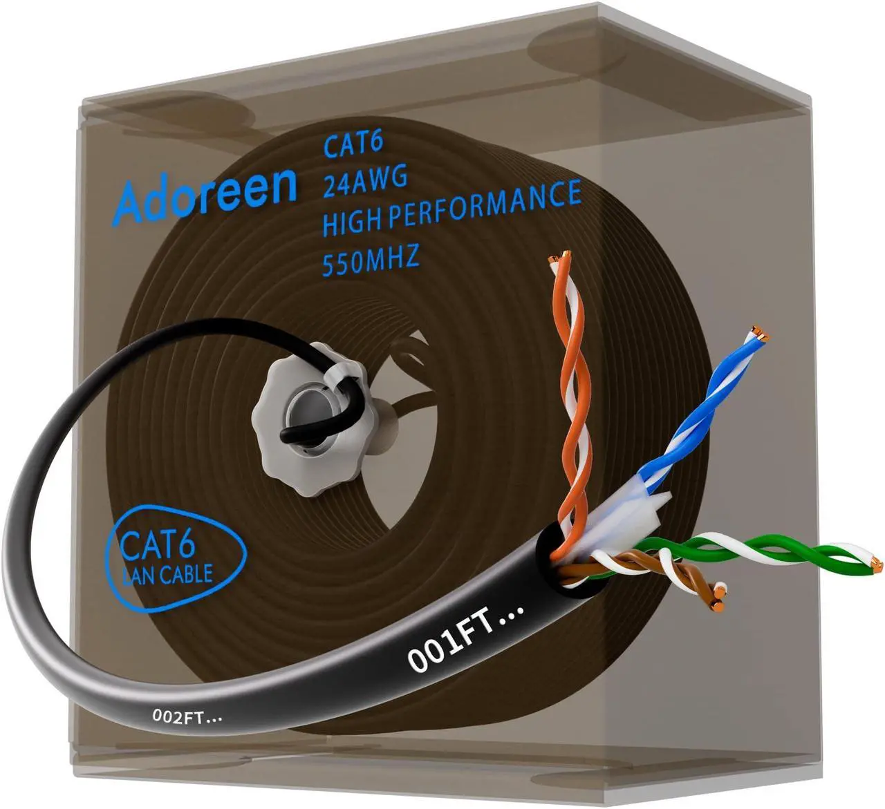 Adoreen Bulk Cat 6 Ethernet Cable 1000 Ft Black, Easy Pull Box, 24AWG ...
