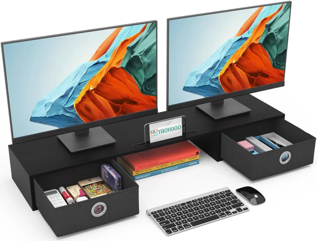 YAOHUOO Dual Monitor Stand with 2 Drawers, Computer Monitor Riser for 2 ...