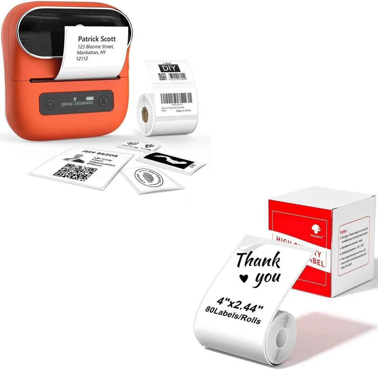 Phomemo M220 Label Maker Orange & 1 Roll White Thermal Label 2.44"x4 ...