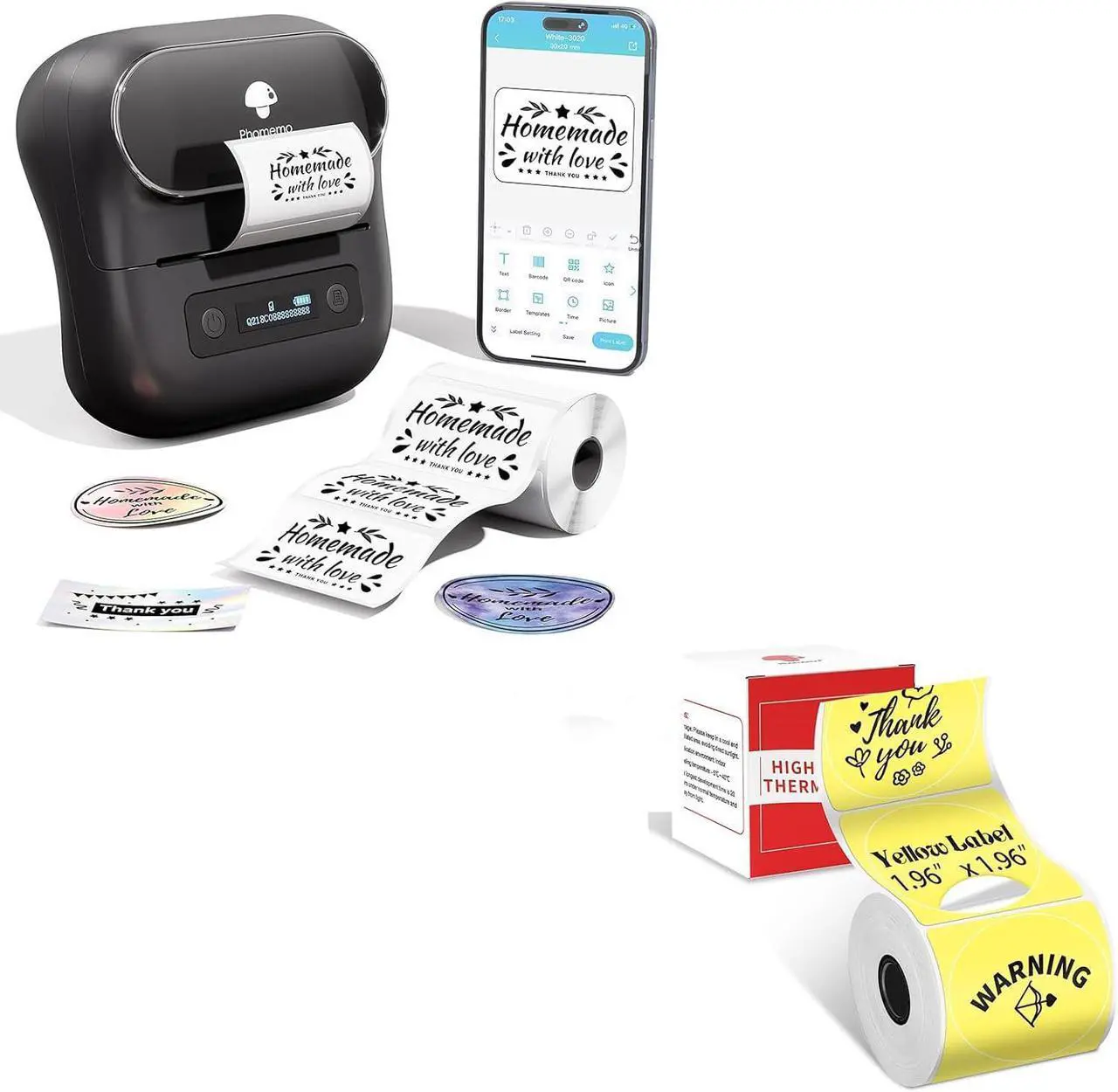 Phomemo M220 Label Maker & 1 Roll Round Yellow Thermal Label + 1 Roll ...
