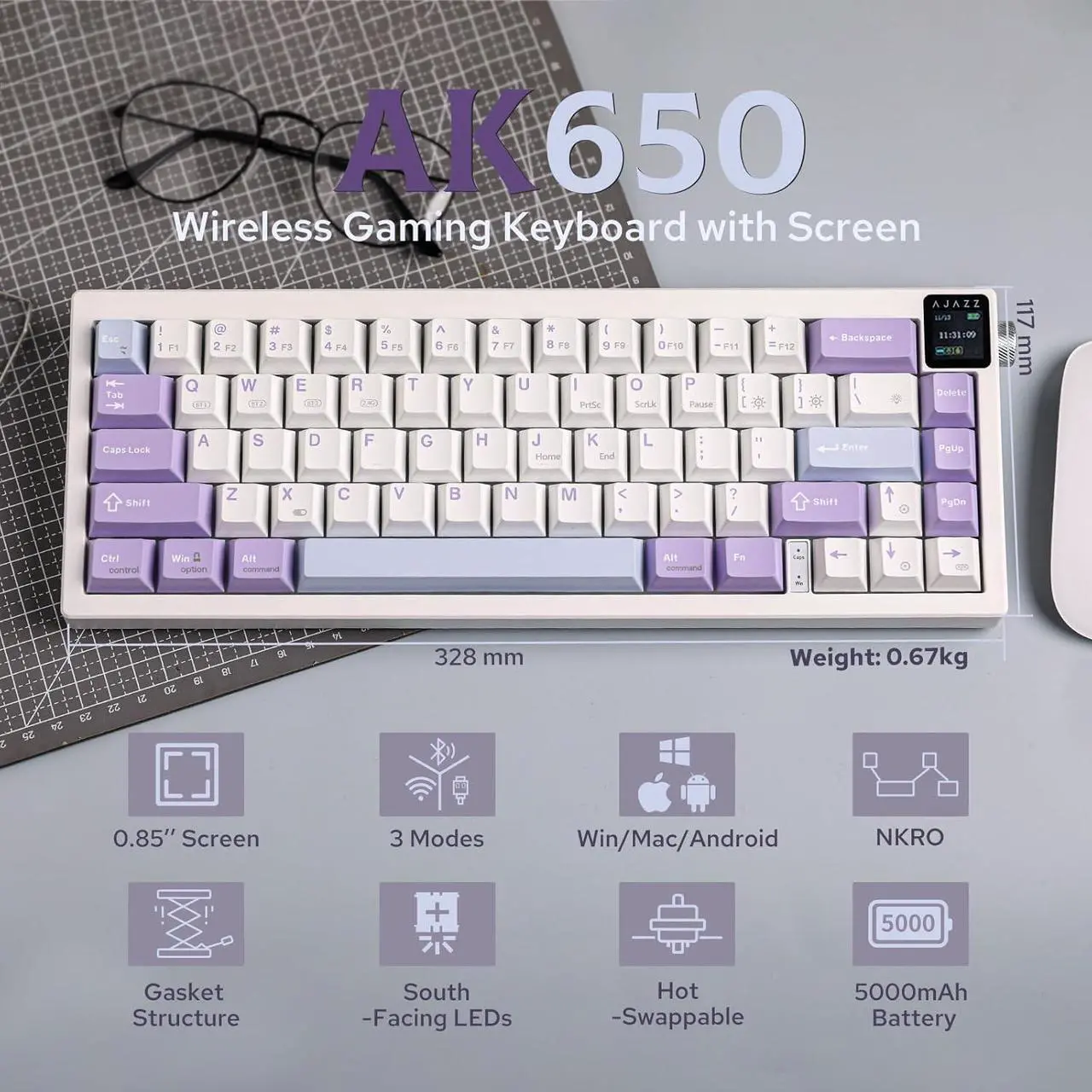 FirstBlood AK650 65% Gasket Mechanical Keyboard, 3 Modes Wireless Gaming Keyboard with 0.85 TFT ...