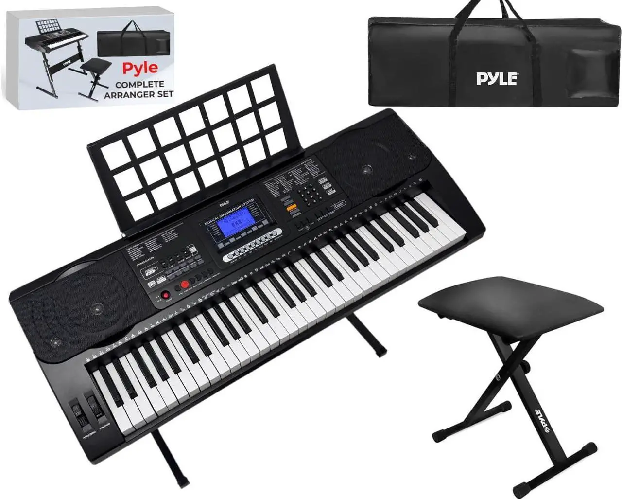 Pyle 61-Key Digital Musical Karaoke Keyboard - Portable Electronic Piano with Stand, Stool ...