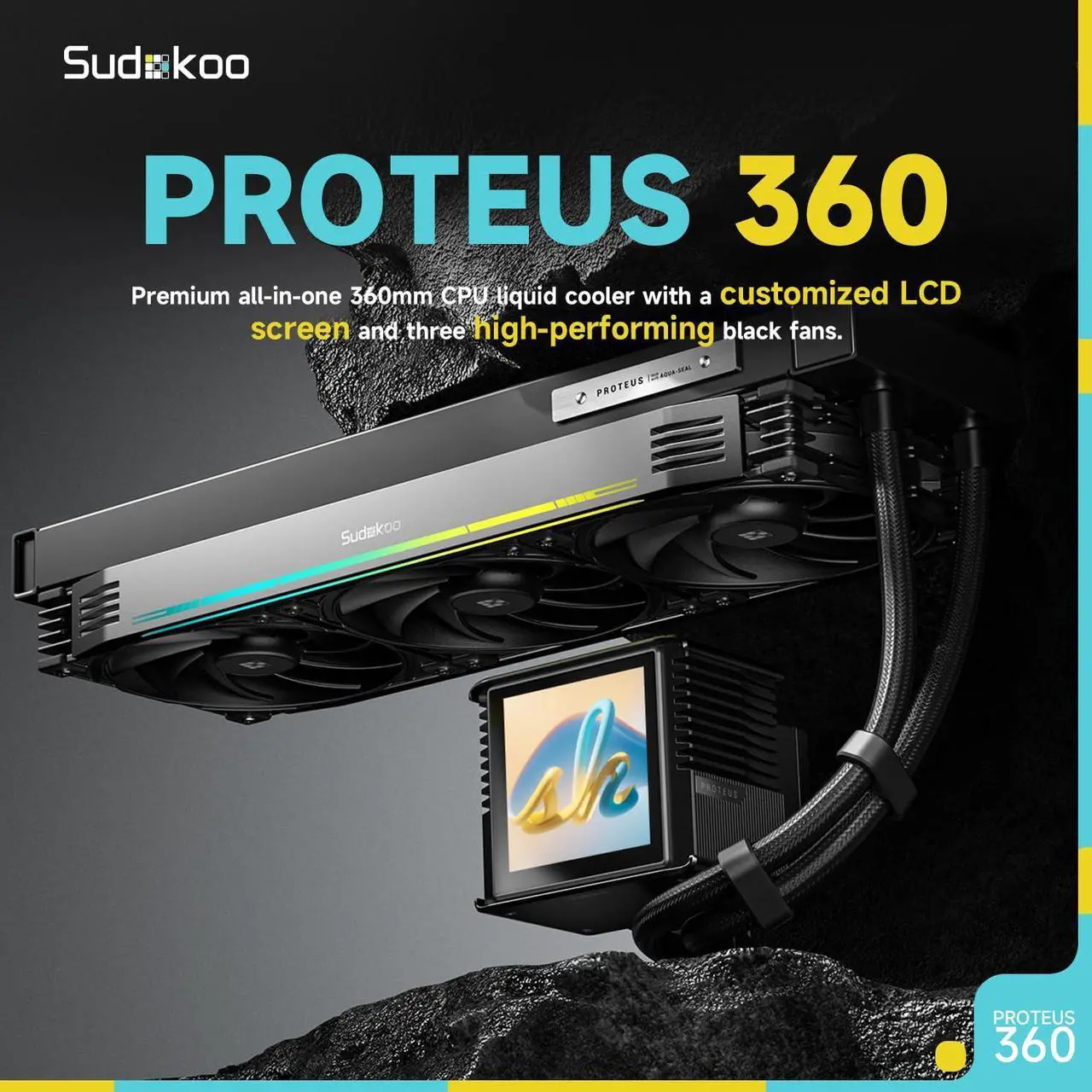 Sudokoo Proteus 360 AIO LCD Liquid CPU Cooler, Customizable Segment 3.4" LCD Screen, PWM Pump ...