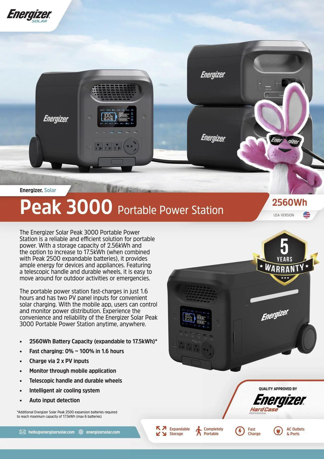 Energizer Solar Peak 3000 Portable Power Station, 2560Wh LiFePO4 ...