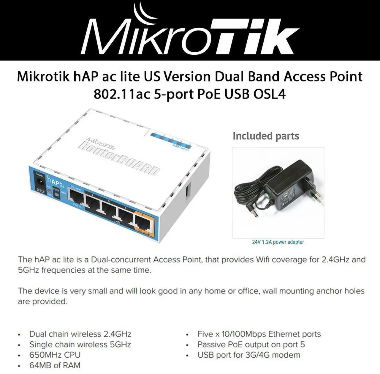 Mikrotik hAP ac lite (RB952Ui-5ac2nD-US) Dual-concurrent 11ac Access ...