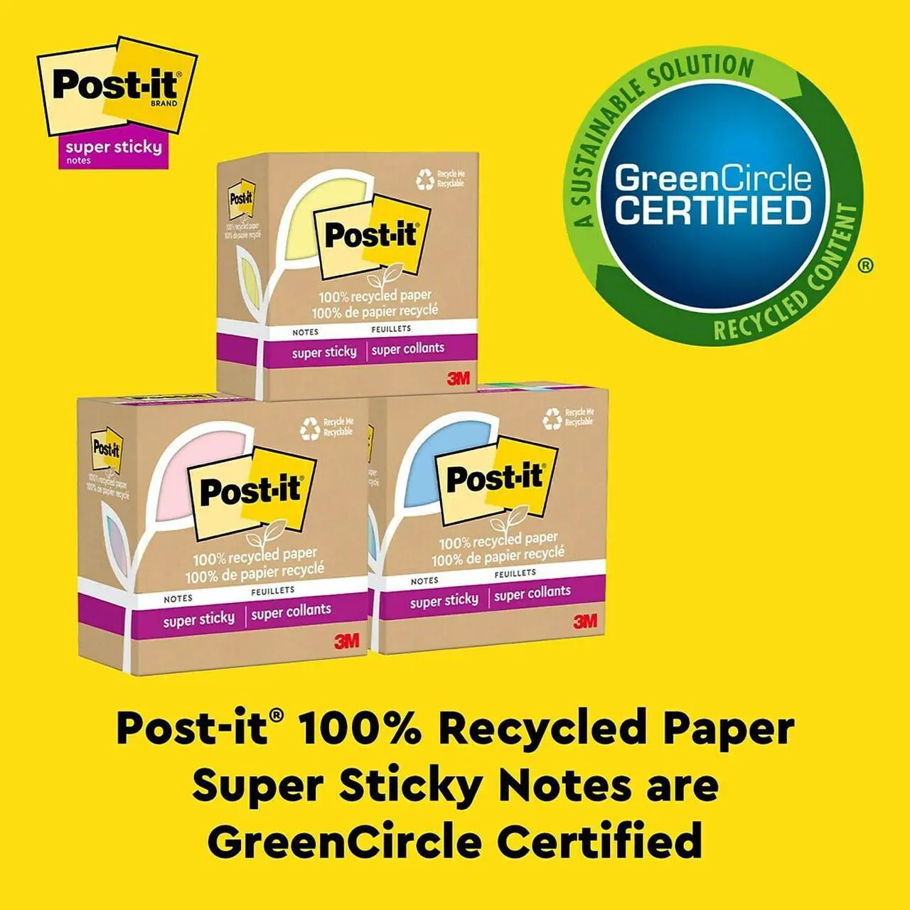 Post-it Recycled Super Sticky Notes 3" x 3" Canary Collection 70 Sheet ...