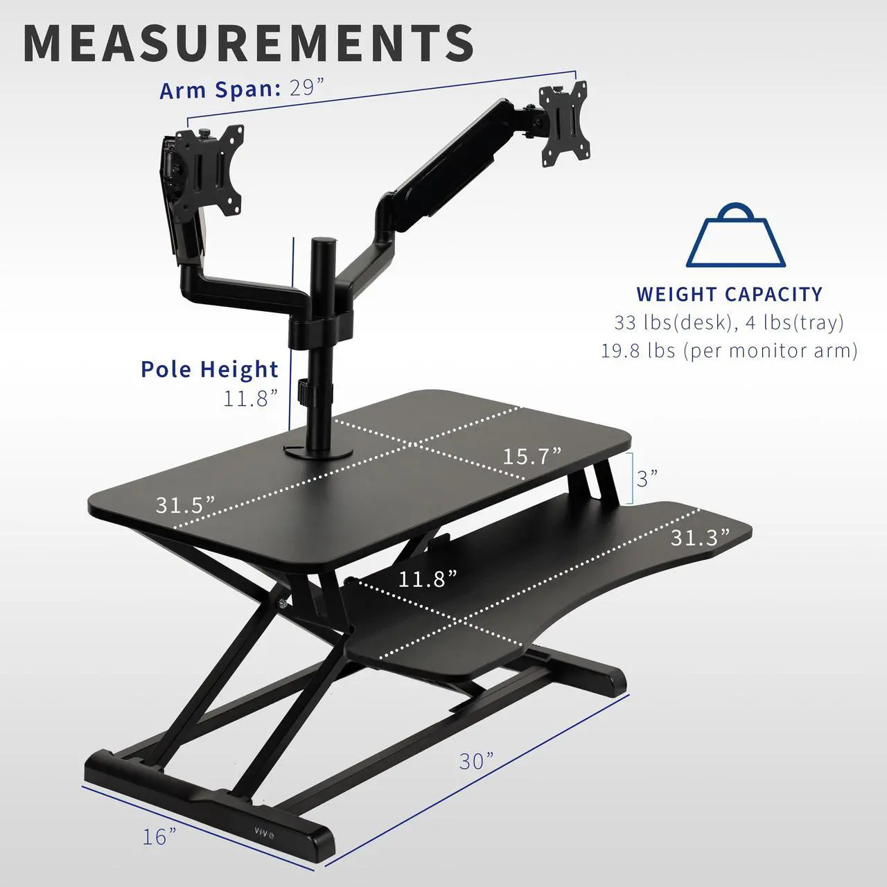 VIVO 32" Standing Desk Riser with Dual Pneumatic Arms for 17" to 32 ...