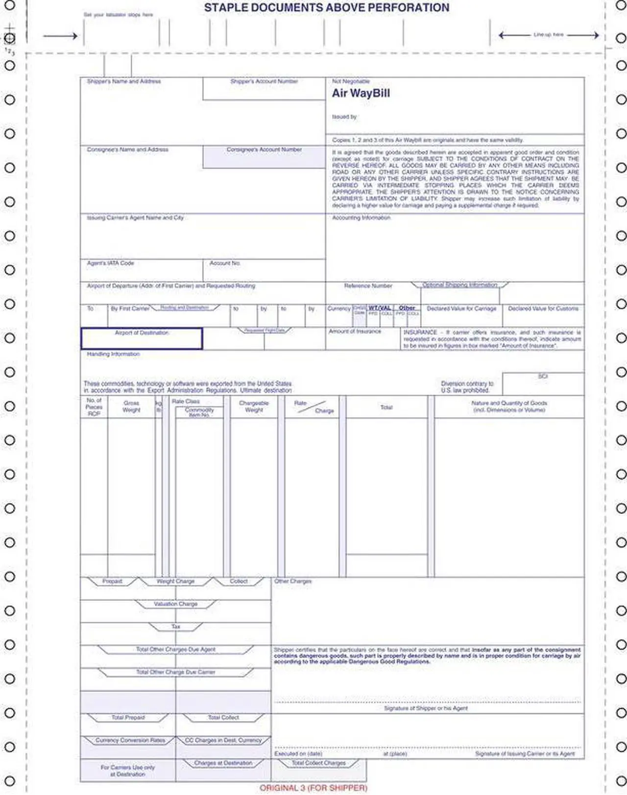International Air Waybill form, 4 part Snap Set, 9-1/2" x 24". 250 per ...
