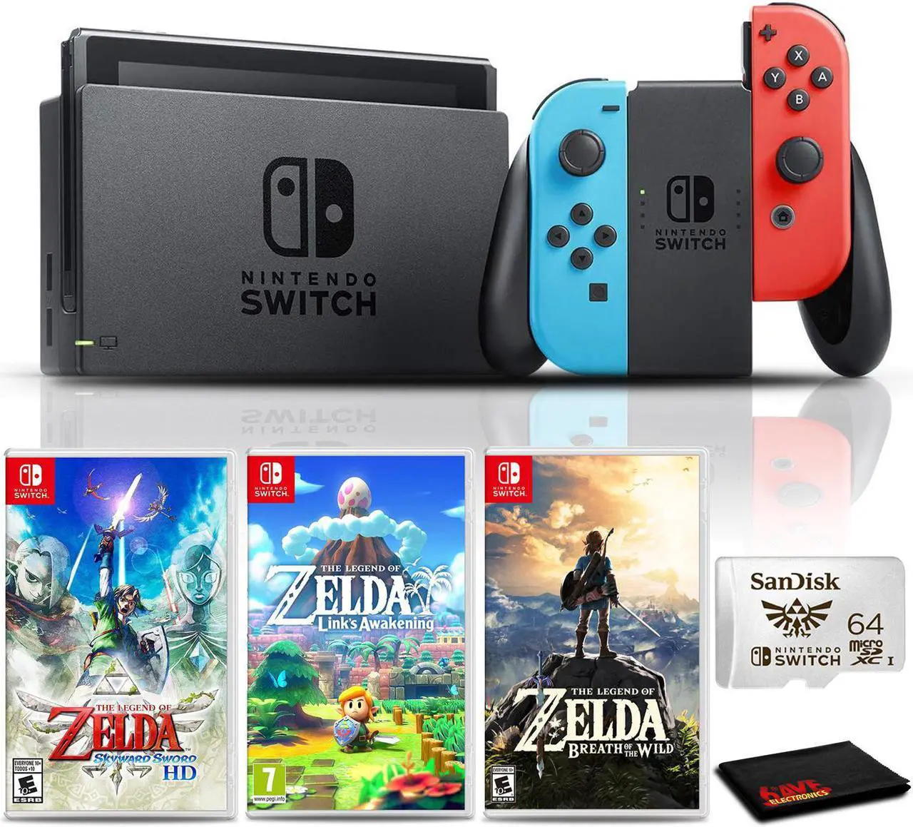 Nintendo Switch Console (Neon Blue/Red) with 64GB microSD and 3-Pk ...