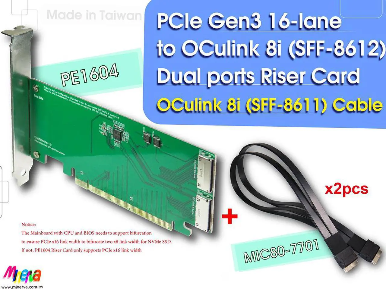 PCIe Gen3 16-Lane for OCulink 8i (SFF-8612) Dual ports Riser Card with ...