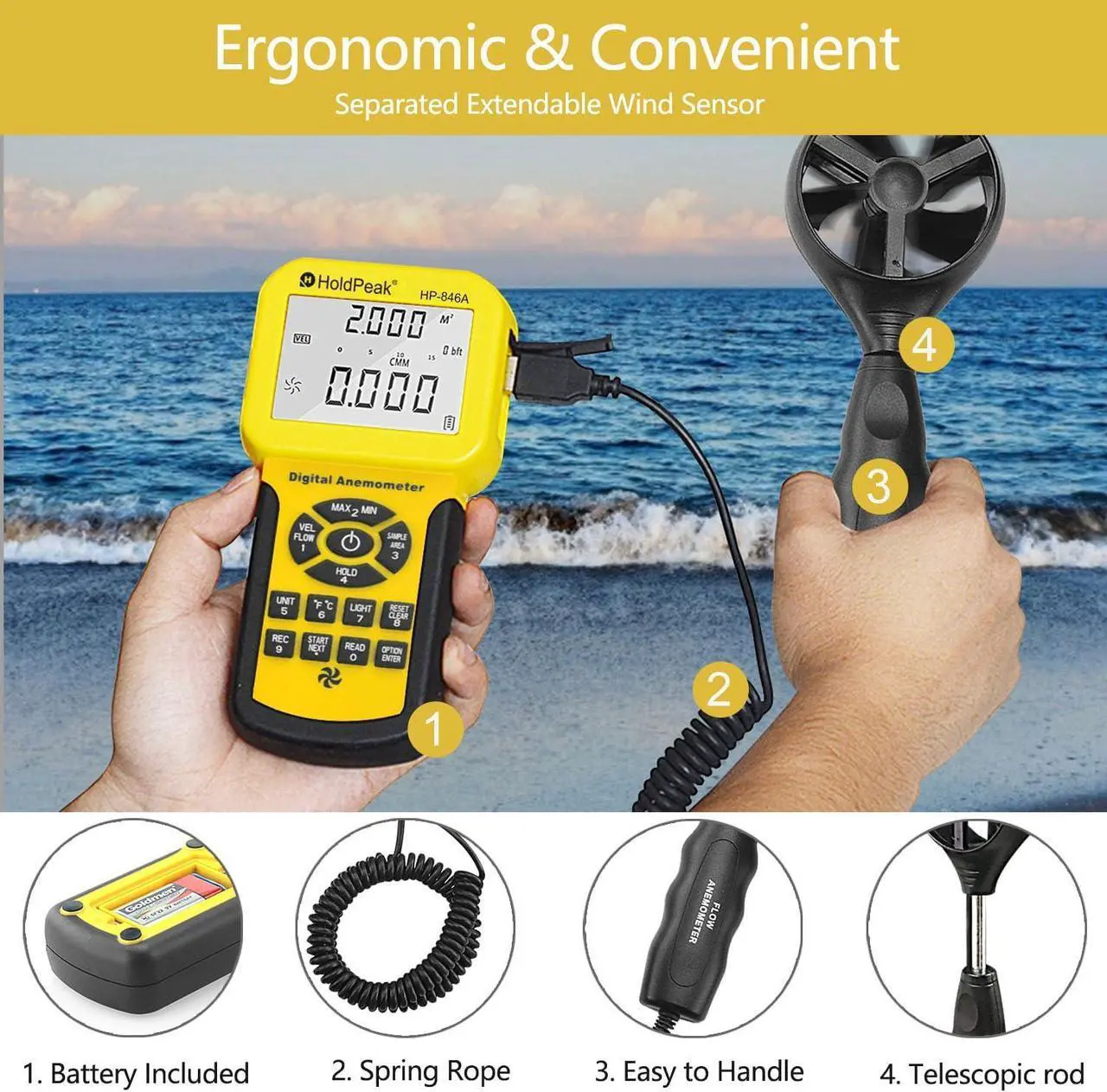 Anemometer Handheld, CFM Airflow Wind Speed Meter 100MPH, Air Flow ...