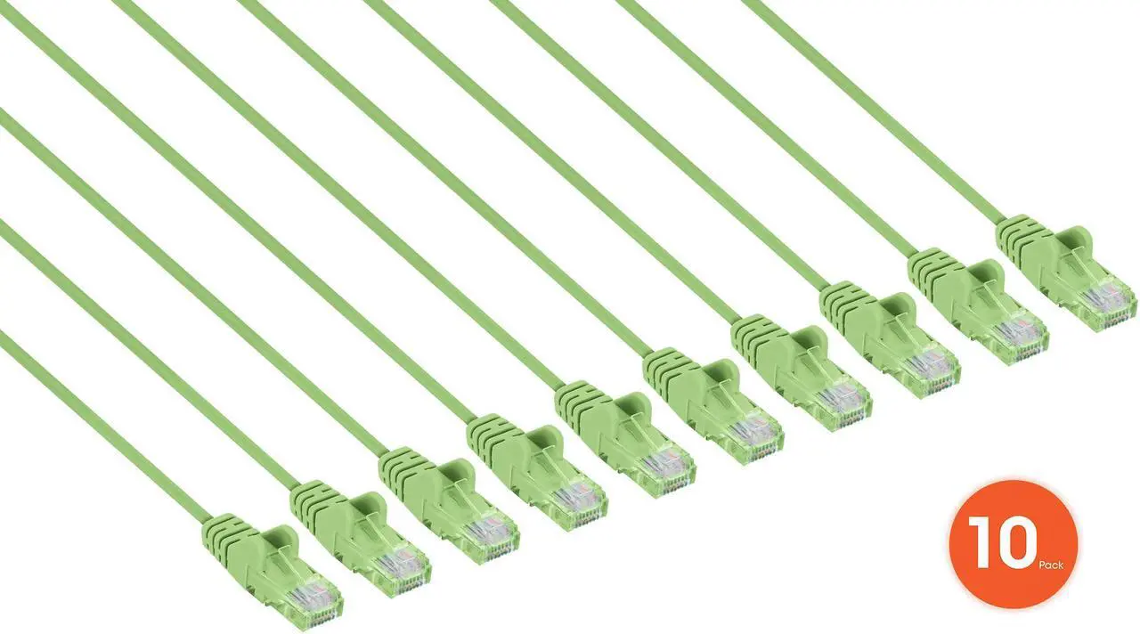Intellinet Cat6 U/UTP Slim Network Patch Cable, 1 ft., Bright Green, 10-Pack, 10G, 250 MHz, 100% ...