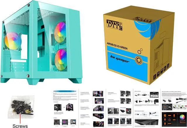 Open Box: DIYPC ARGB-Q3.v2-Green USB3.0 Tempered Glass Micro ATX Green ...