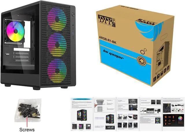 Open Box: DIYPC ARGB-R1-BK Black USB3.0 /Type C Micro ATX Gaming Computer Case w/ Tempered Glass ...