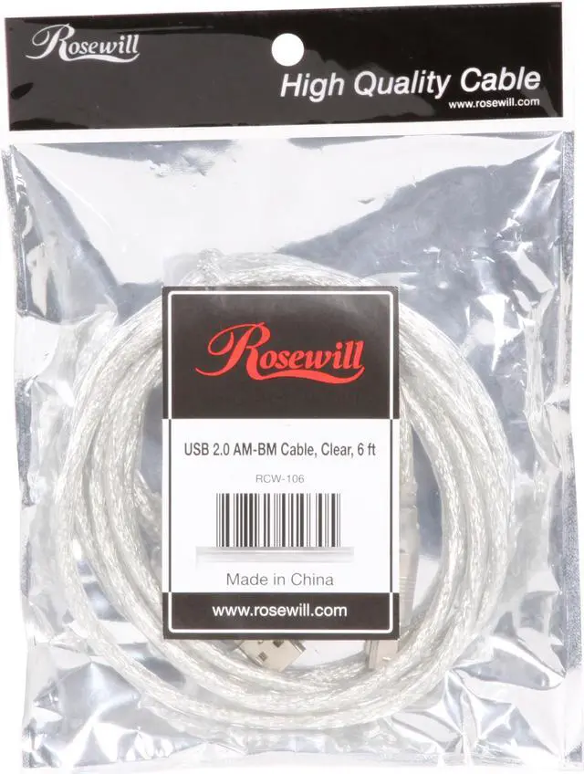 Rosewill 6ft. USB2.0 A Male to B Male Cable, Clear, Model RCW-106 ...