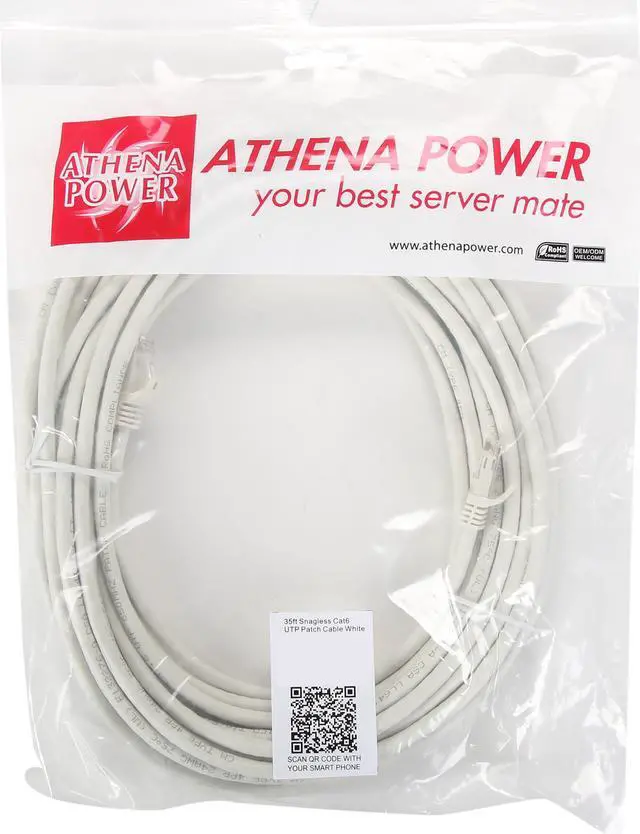 ATHENA CLH-NC6U35-WH 35ft Cat6 UTP Patch Cable, white color, 24awg ...