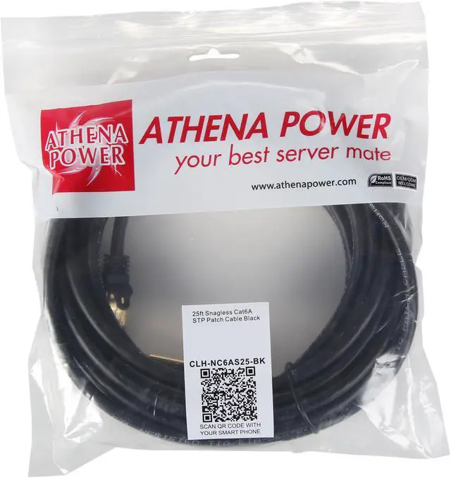 ATHENA CLH-NC6AS25-BK 25ft Cat6A STP Patch Cable, black color, 26awg ...