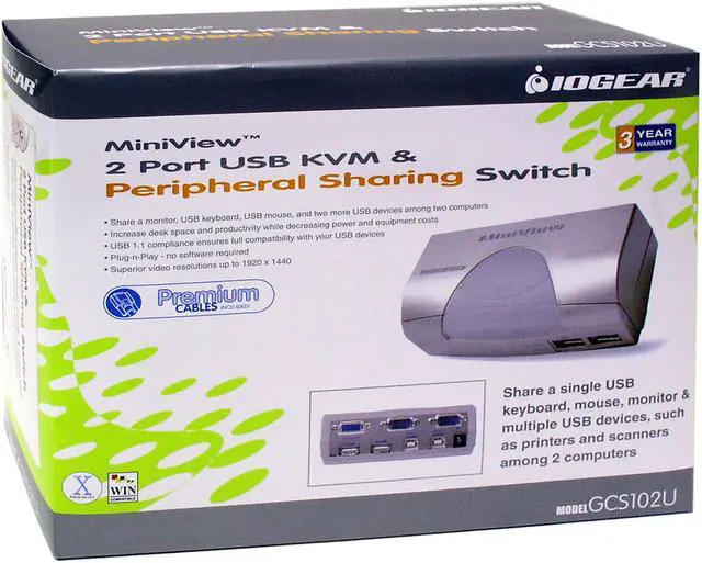 IOGEAR GCS102U 2 Port MiniView USB KVM & Peripheral Sharing Switch Kit ...