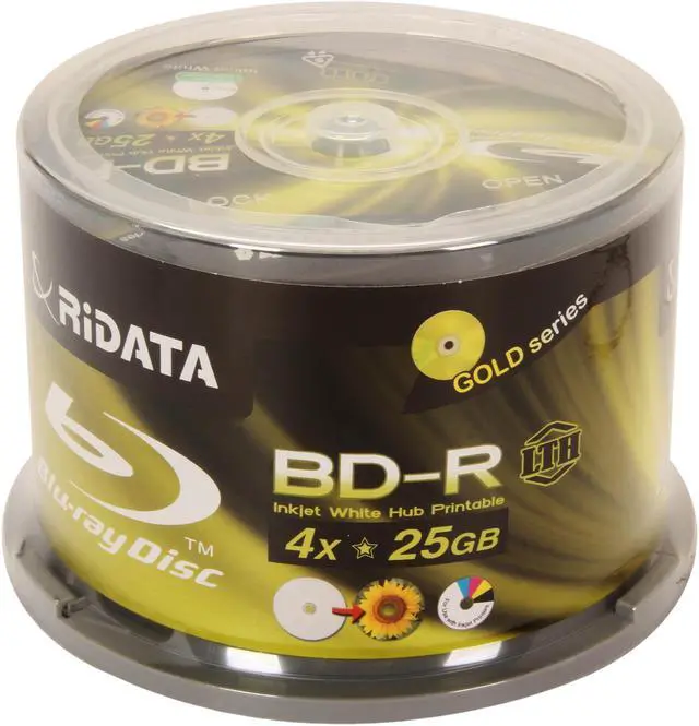 RiDATA 25GB 4X BD-R Inkjet white hub-printable 50 Packs Disc, Low-to ...