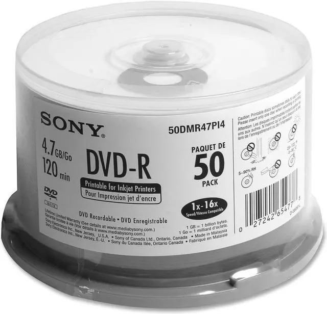 SONY 4.7GB 16X DVD-R 50 Packs Media Model 50DMR47PI4 - Newegg.ca