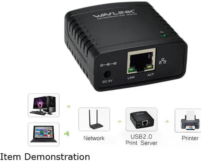 Wavlink 100Mbps Ethernet to USB 2.0 Network LPR Print Server 10/100Mbps Networking USB HUB USB ...