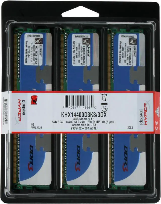 HyperX 3GB (3 x 1GB) DDR3 1800 (PC3 14400) Triple Channel Kit Desktop ...